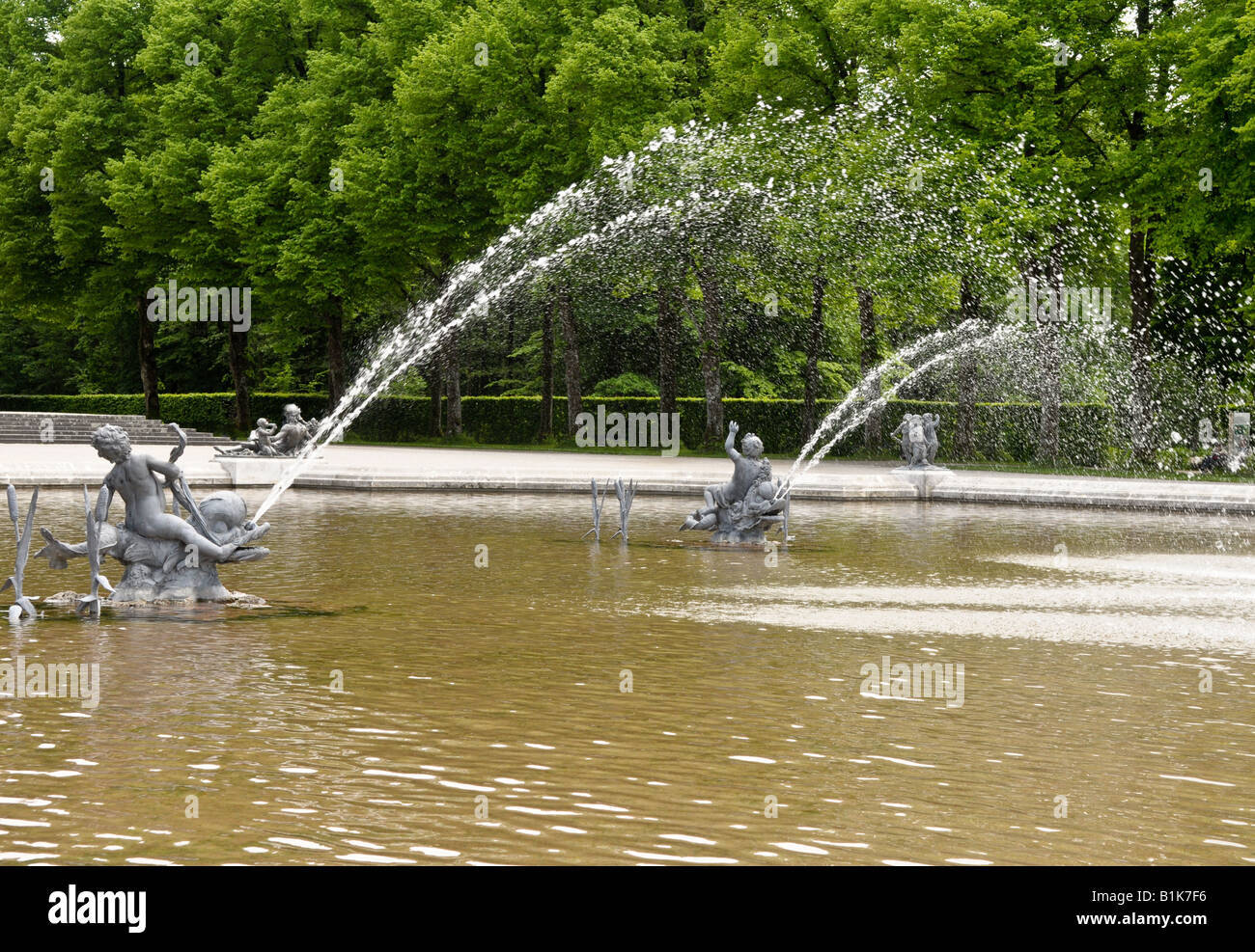 Detail of fountains in front of the Royal Palace of Herrenchiemsee ...