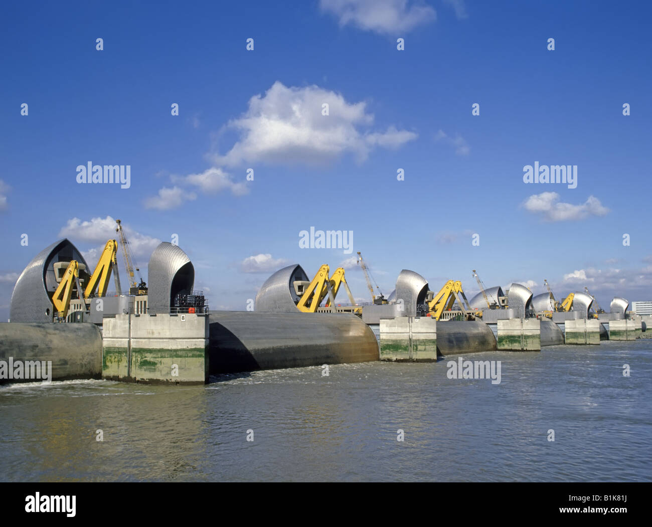 Woolwich East London river Thames flood barrier showing gates raised ...
