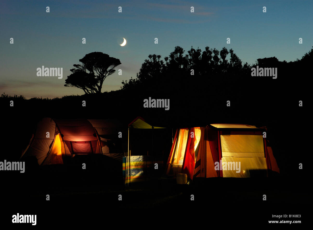 Tents at dusk in the St. Martin's campsite on St Martins Isles of ...