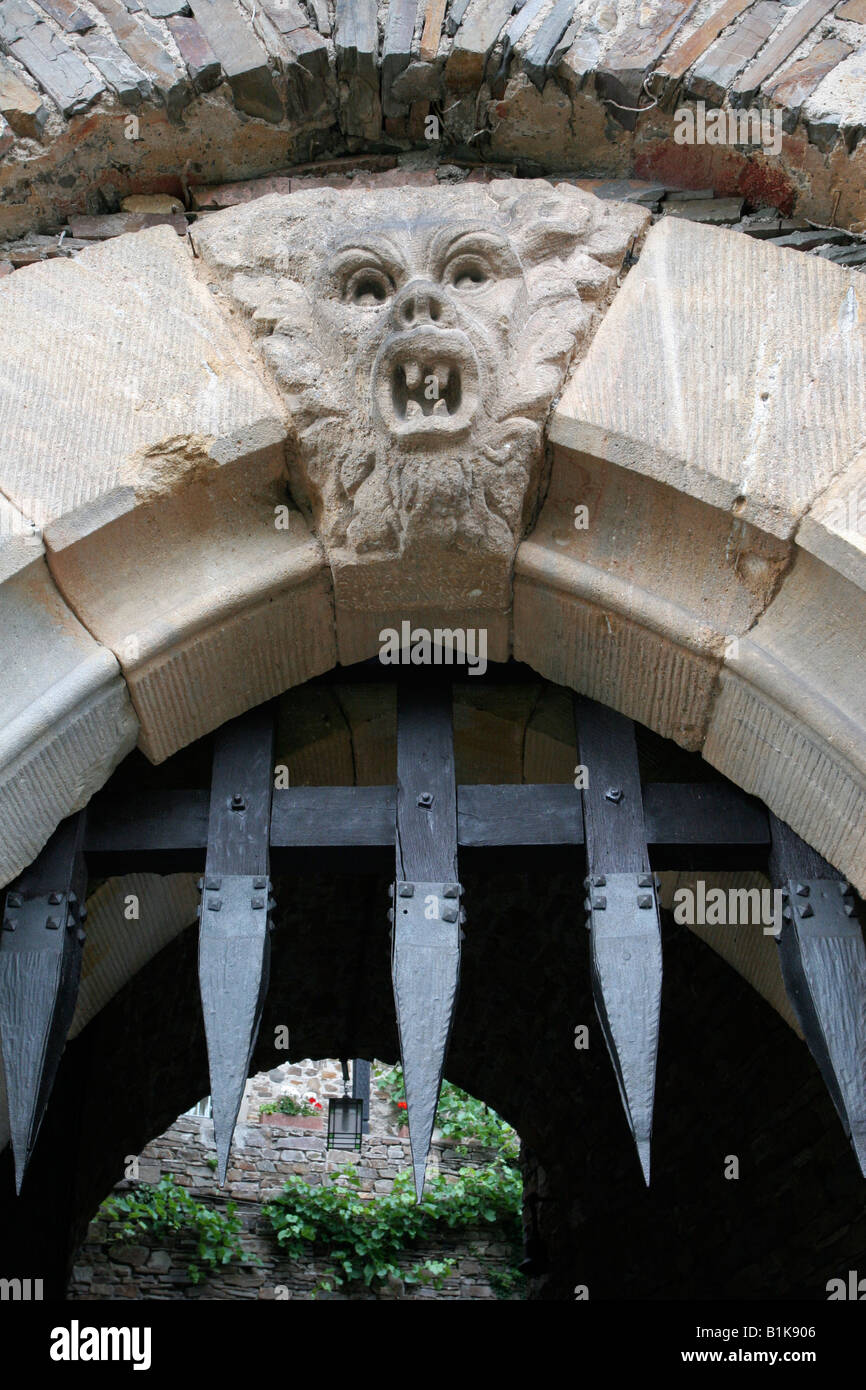 Were-wolf gargoyle above the portcullis gate at Thurant castle, Mosel ...