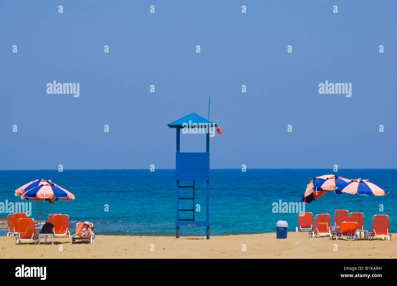 Blue lifeguard tower on beach at Malia on the Greek Mediterranean ...