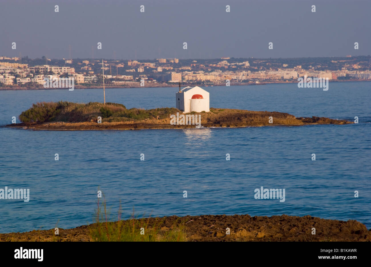 Church off beach at Malia on the Greek Mediterranean island of Crete ...