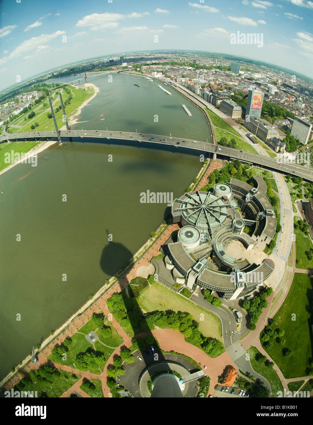 aerial view over Duesseldorf, Germany. The river Rhein separates ...