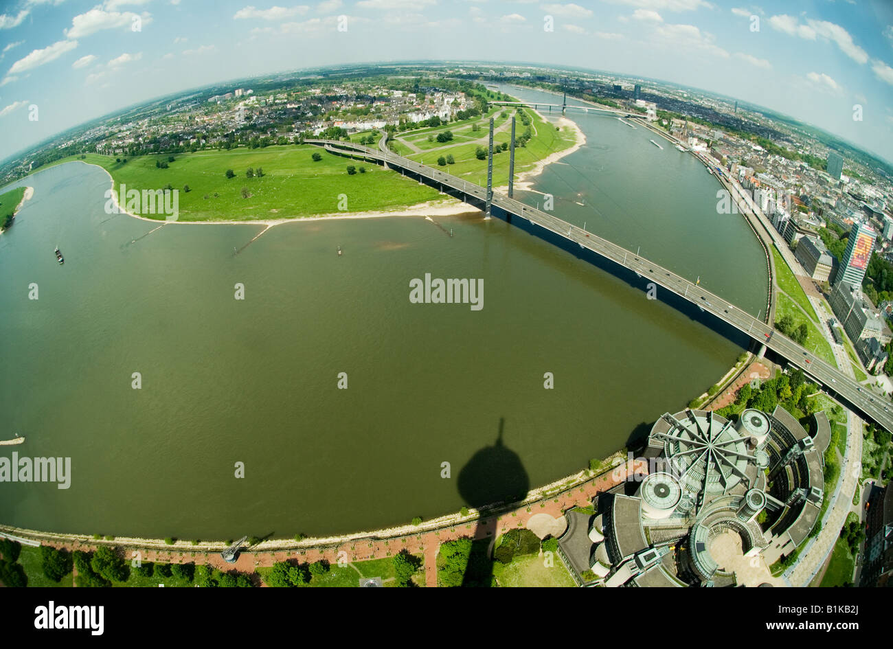 aerial view over Duesseldorf, Germany. The river Rhein separates ...