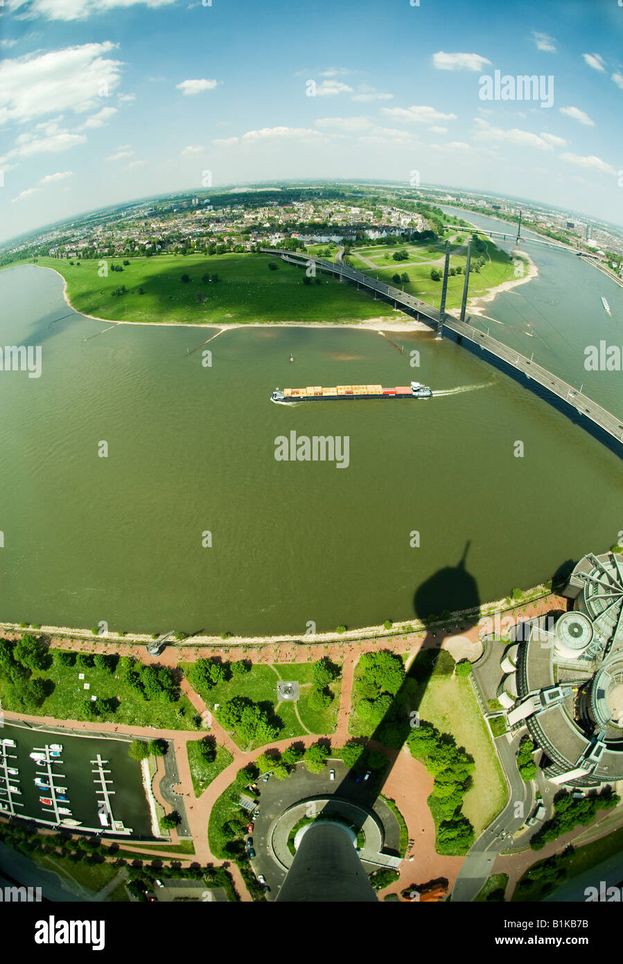 aerial view over Duesseldorf, Germany. The river Rhein separates ...