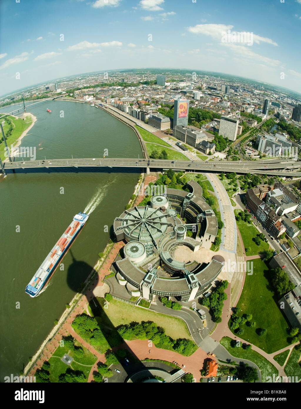 aerial view over Duesseldorf, Germany. The river Rhein separates ...