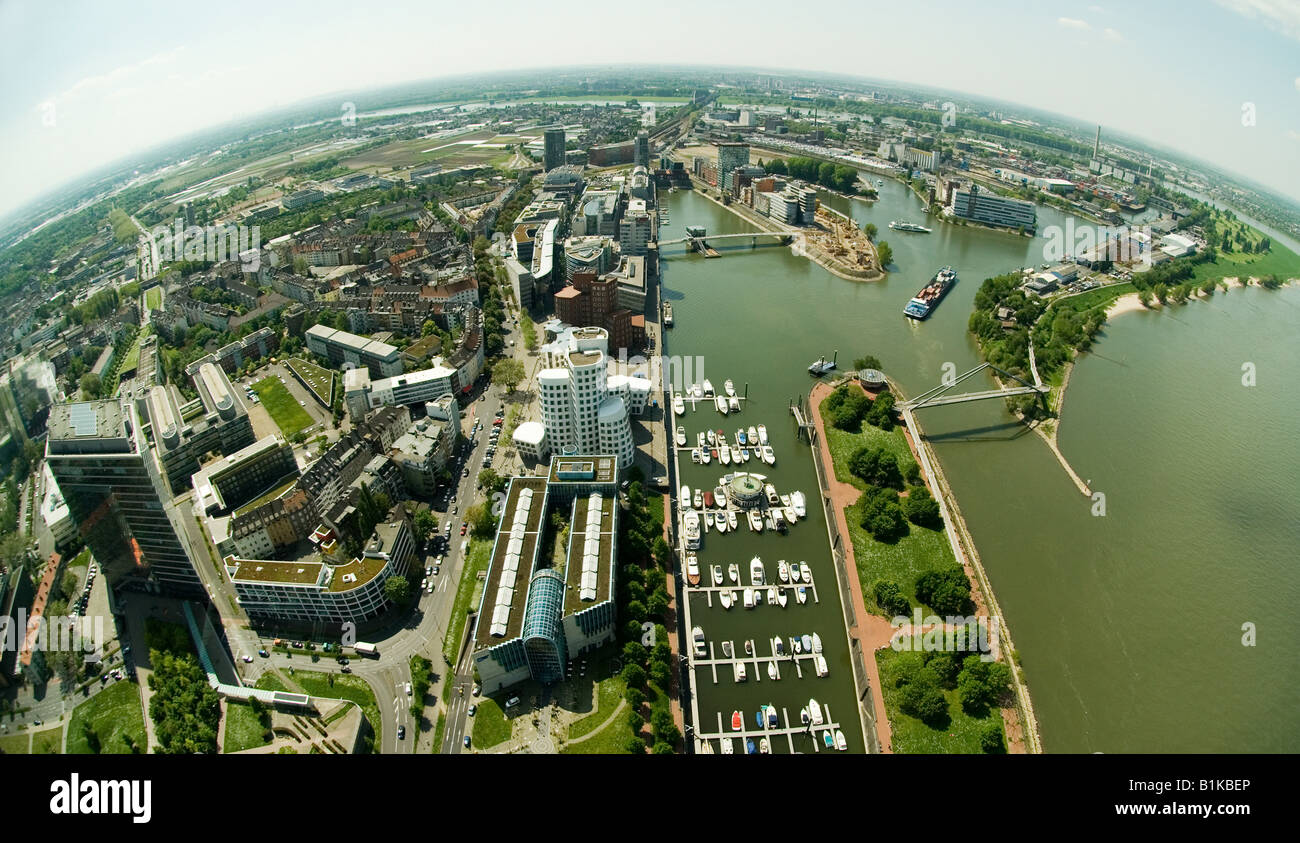 aerial view over Duesseldorf in southerly direction onto the Port Stock ...