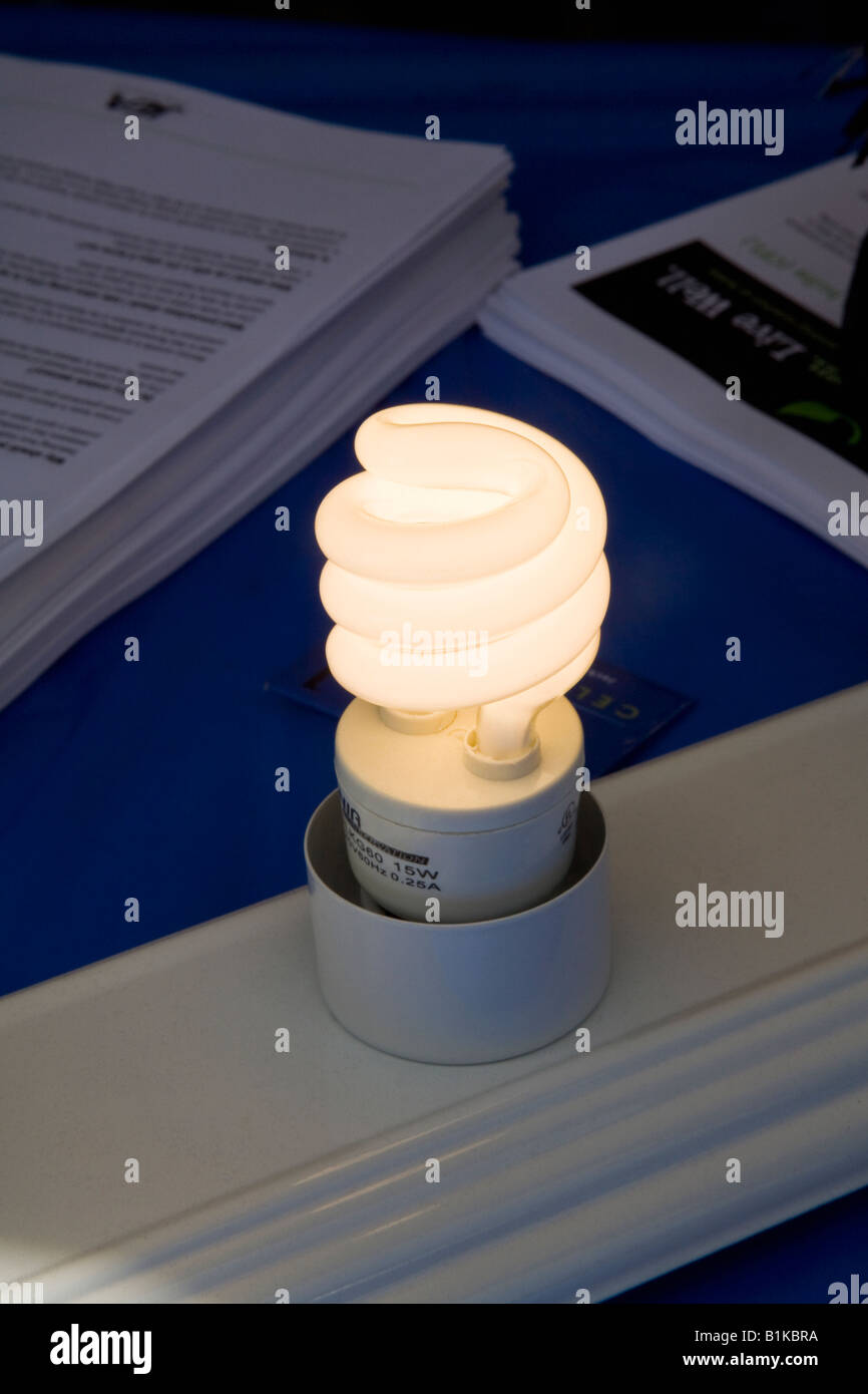 An energy efficient light bulb on display at a power company's ...