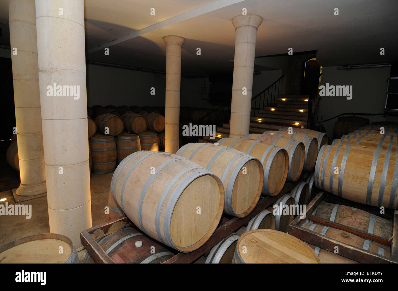 Wooden barrels in the small Israeli winery "Chateau Golan", which is ...