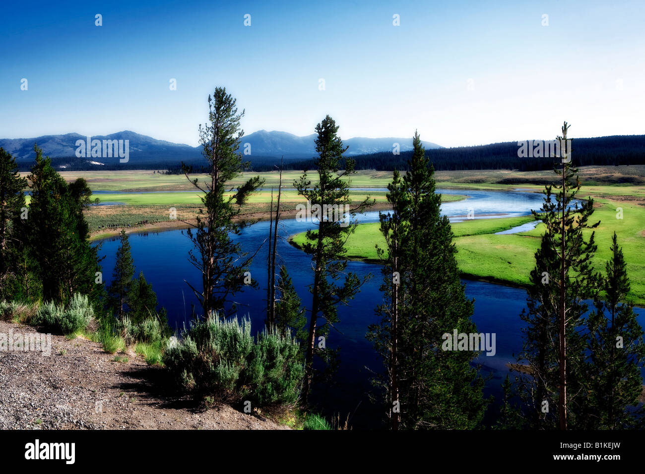 Image overlooking the Yellowstone River as it flows in a gentle s curve ...