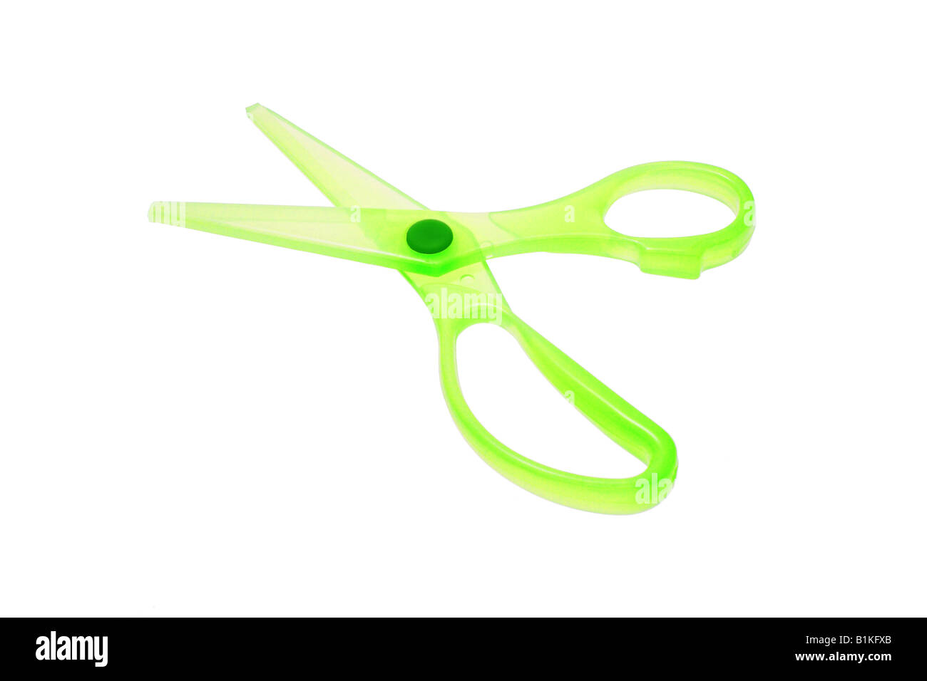 Green plastic scissors on white background Stock Photo - Alamy