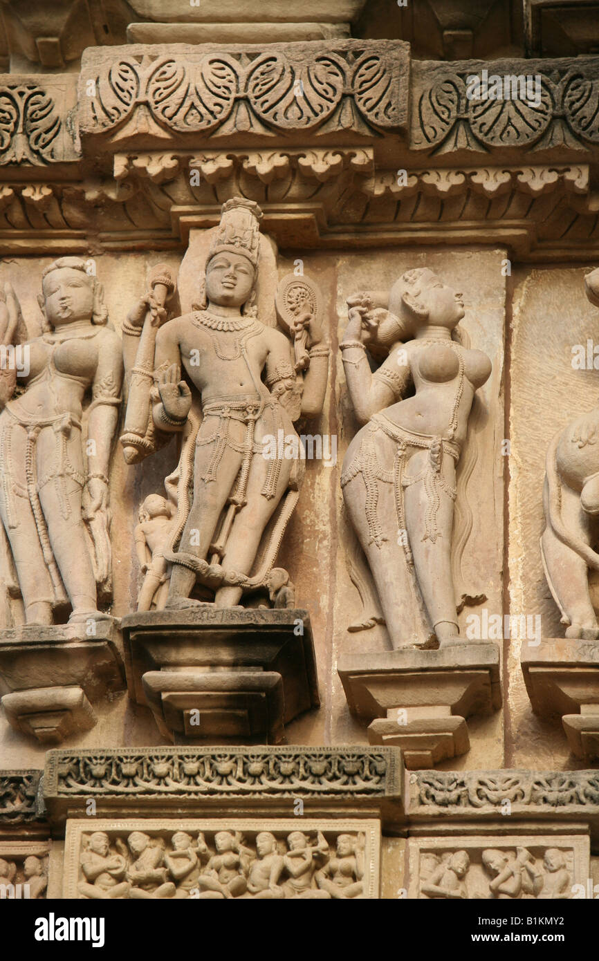 Detail of the stone carvings on the walls of the Kandariya Mahadeo ...