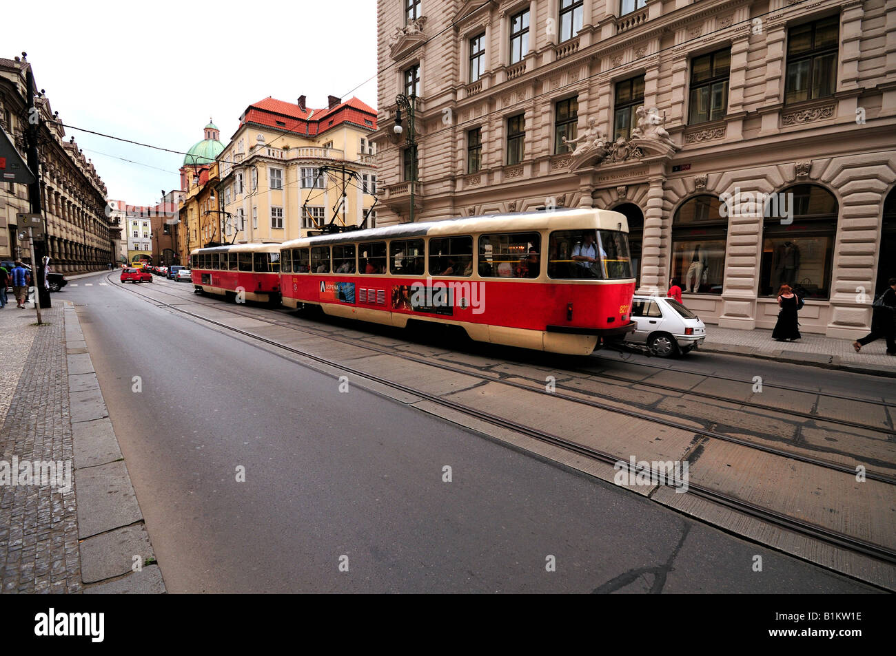 Prague - A red tramway, a popular public transport, Czech Republic ...
