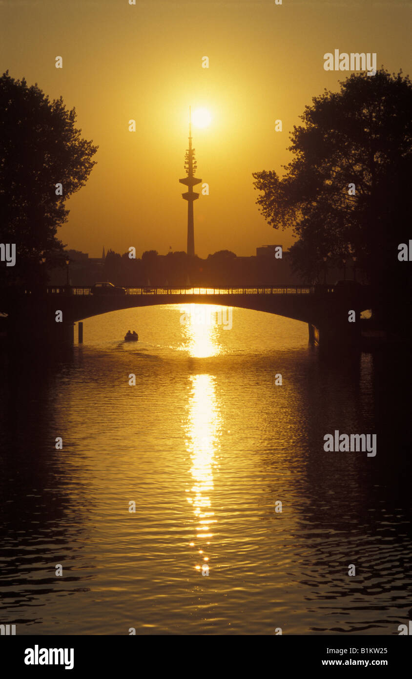 Mundsburg canal and lake Aussenalster, in the background the television ...