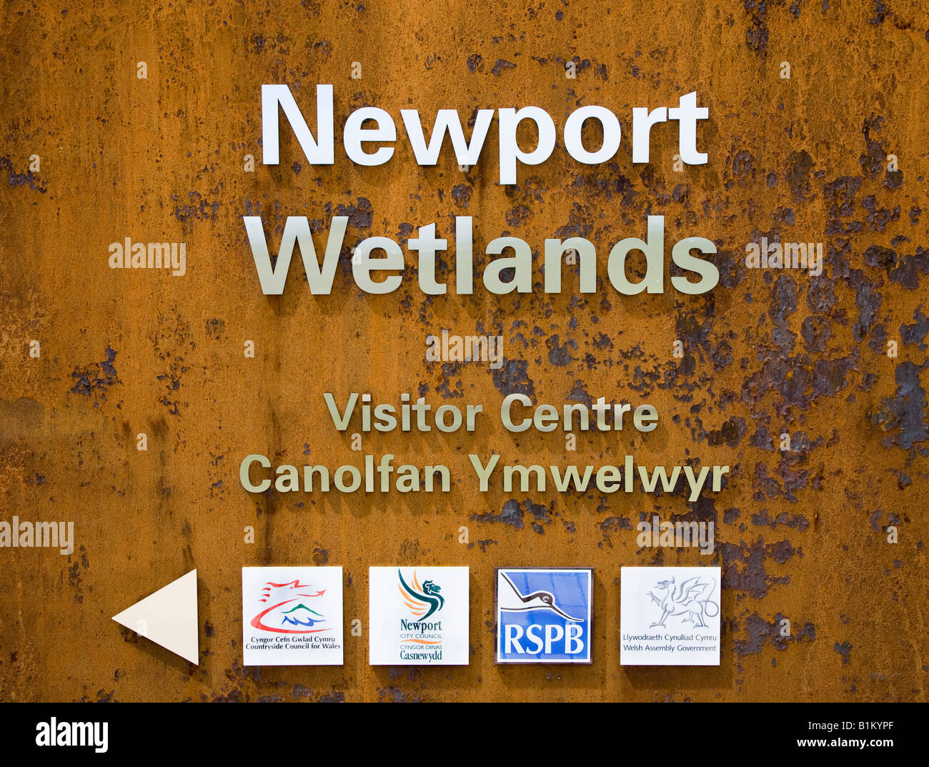 Sign on rusting steel with sponsor credits for visitor centre Newport ...