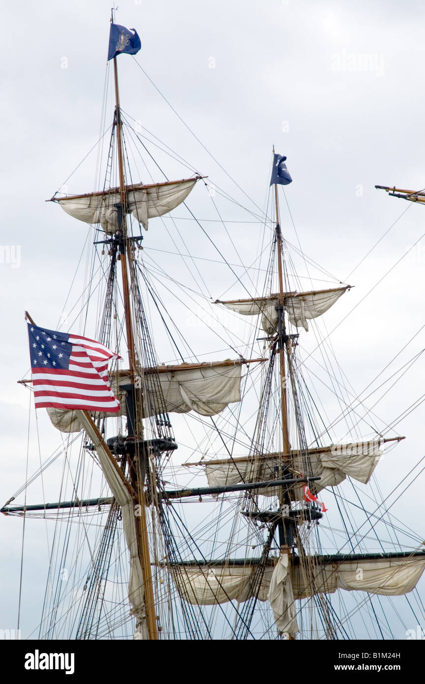Detail of tall ship with American flag Stock Photo - Alamy