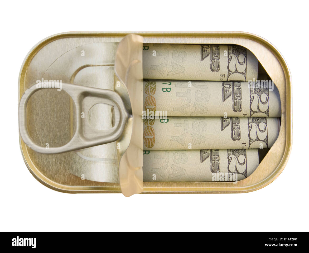 Plan view of a Ring Pull Tin containing rolled 20 Dollar notes on white ...