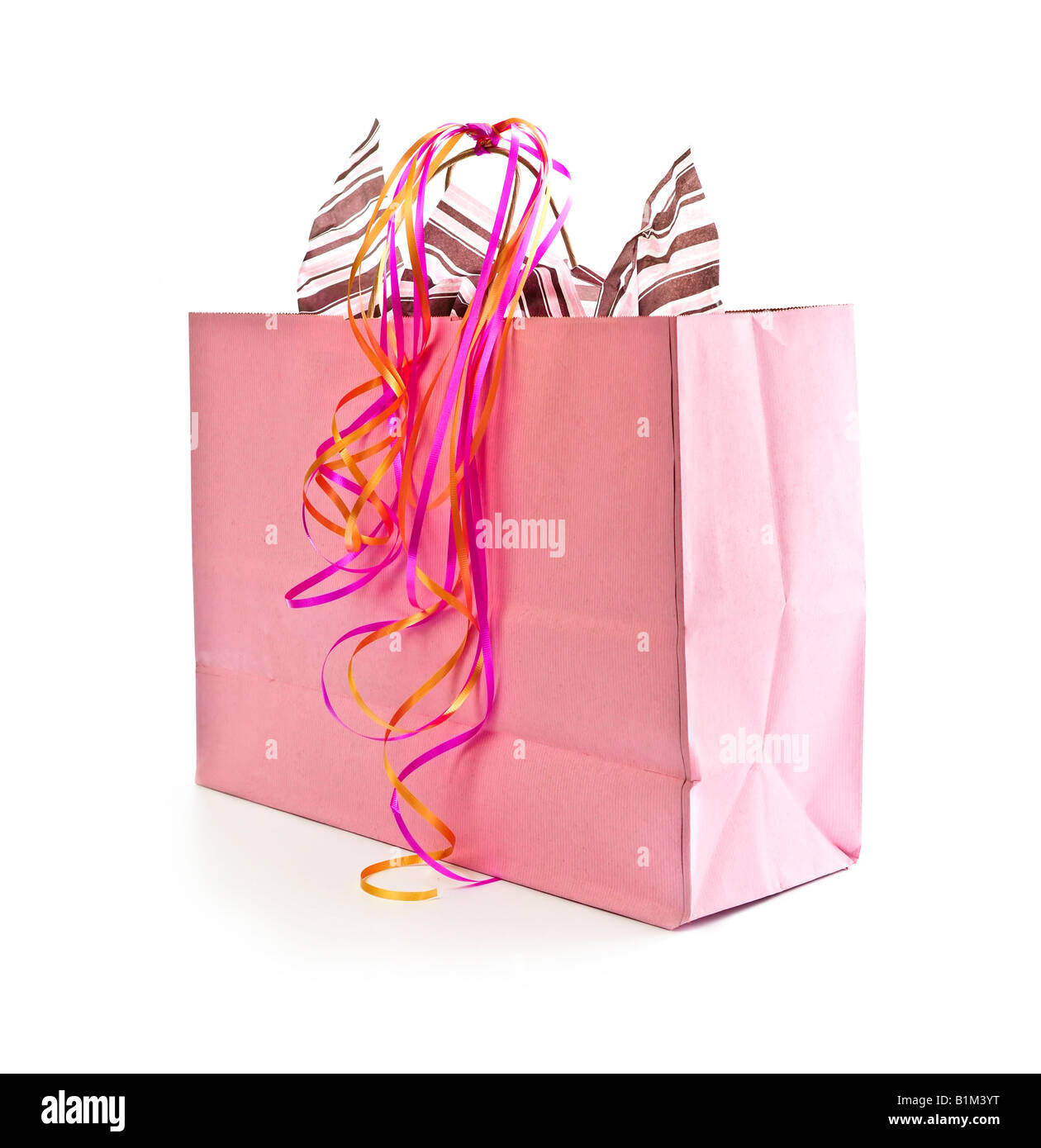 Pink shopping bag with ribbons isolated on white background Stock Photo ...