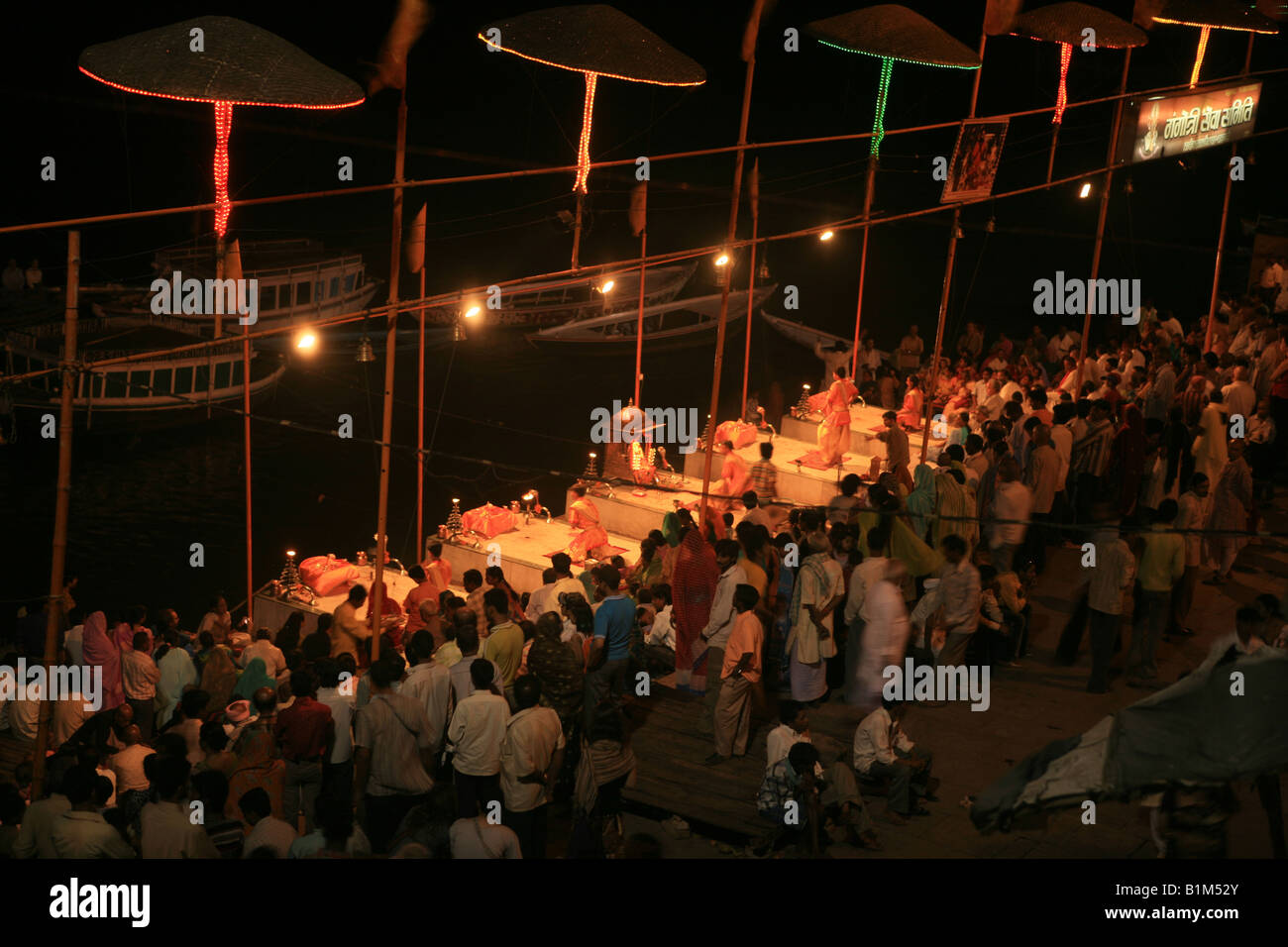 Late night funeral and other rituals on the Ganges at Varanasi India ...