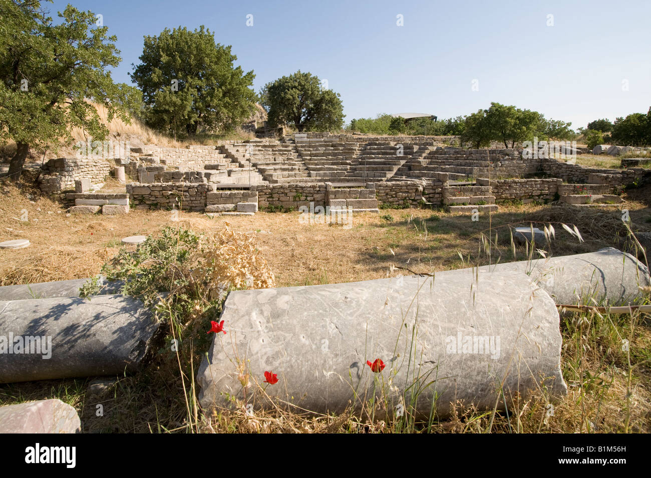 The Odeon and fallen column at Troy on the Aegean Coast of Turkey Stock ...