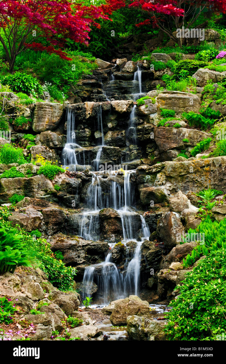 Cascading waterfall in japanese garden in springtime Stock Photo - Alamy