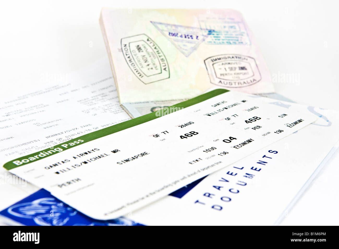 A plane boarding pass, tickets and travel documents folder next to a ...