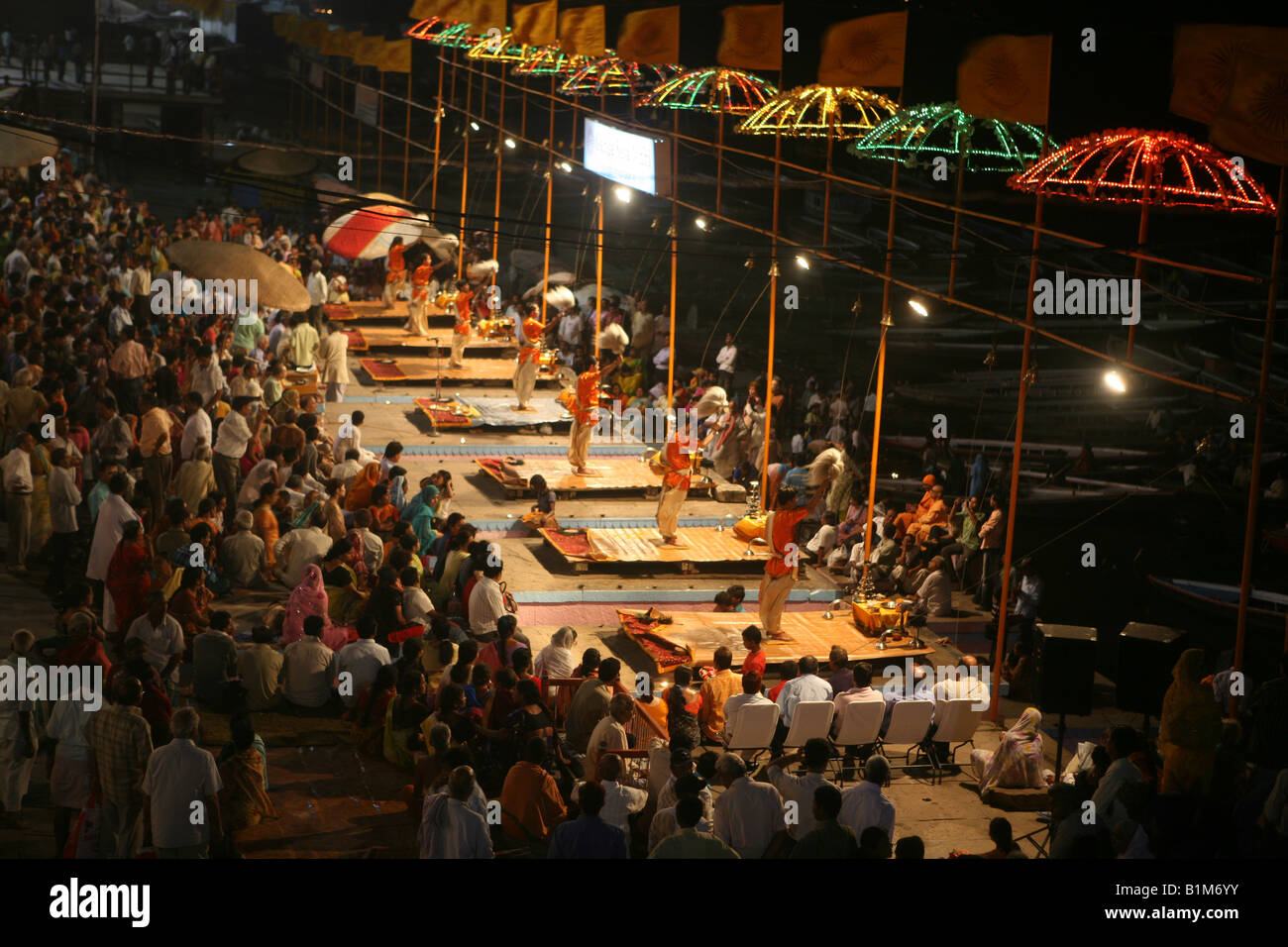 Late night funeral and other rituals on the Ganges at Varanasi India ...