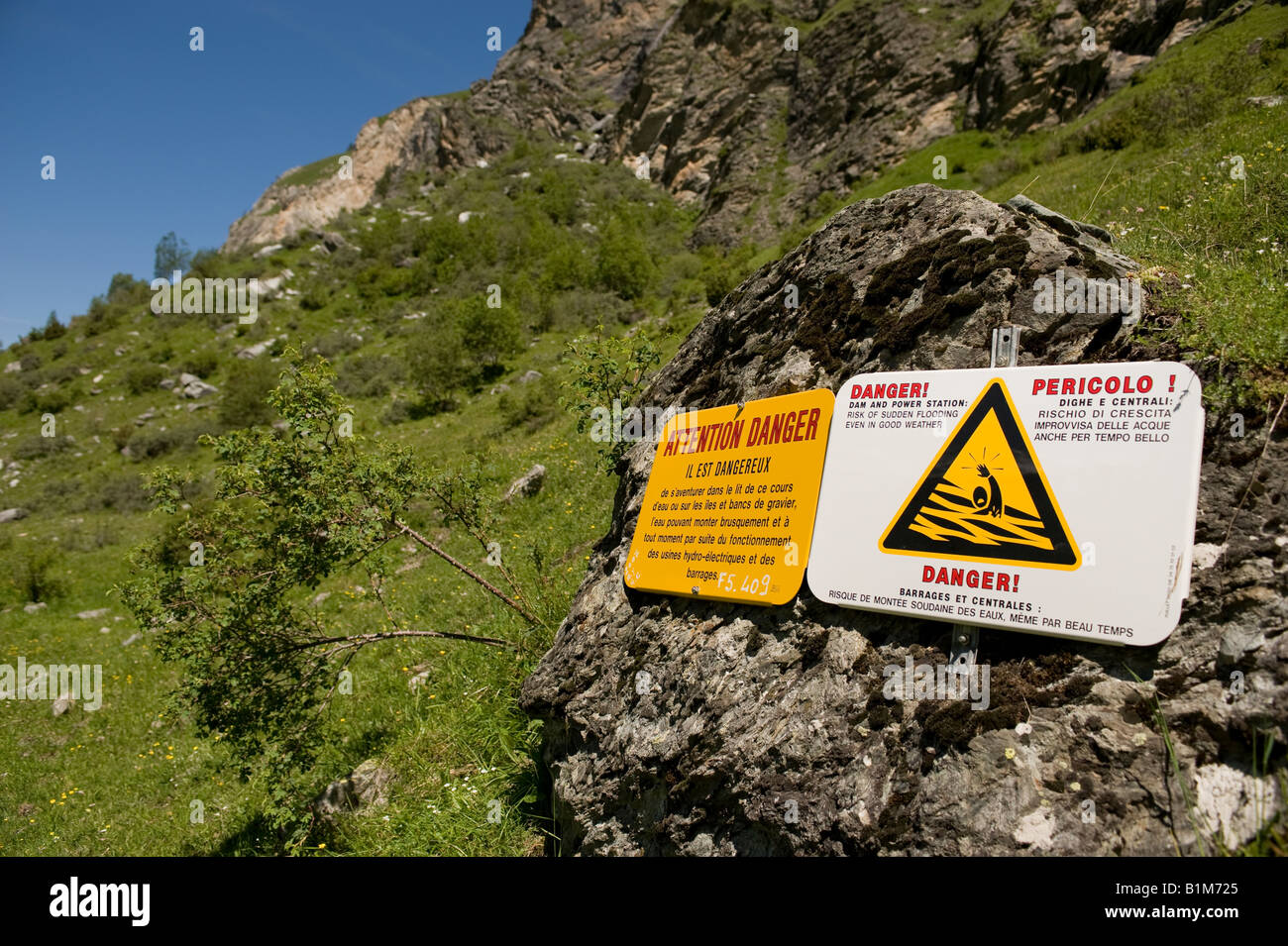 risk of flooding signs in the french alps Stock Photo - Alamy