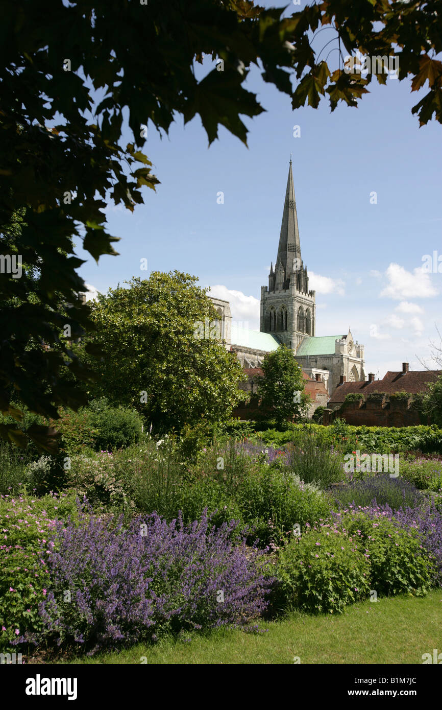 City of Chichester, England. Bishops Palace Gardens with the Cathedral ...