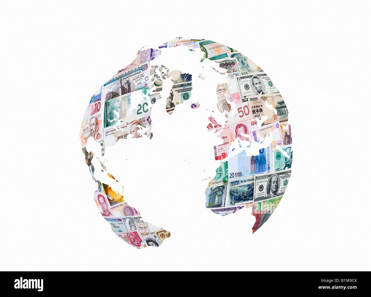 Montage of international currency on map of the world Stock Photo - Alamy