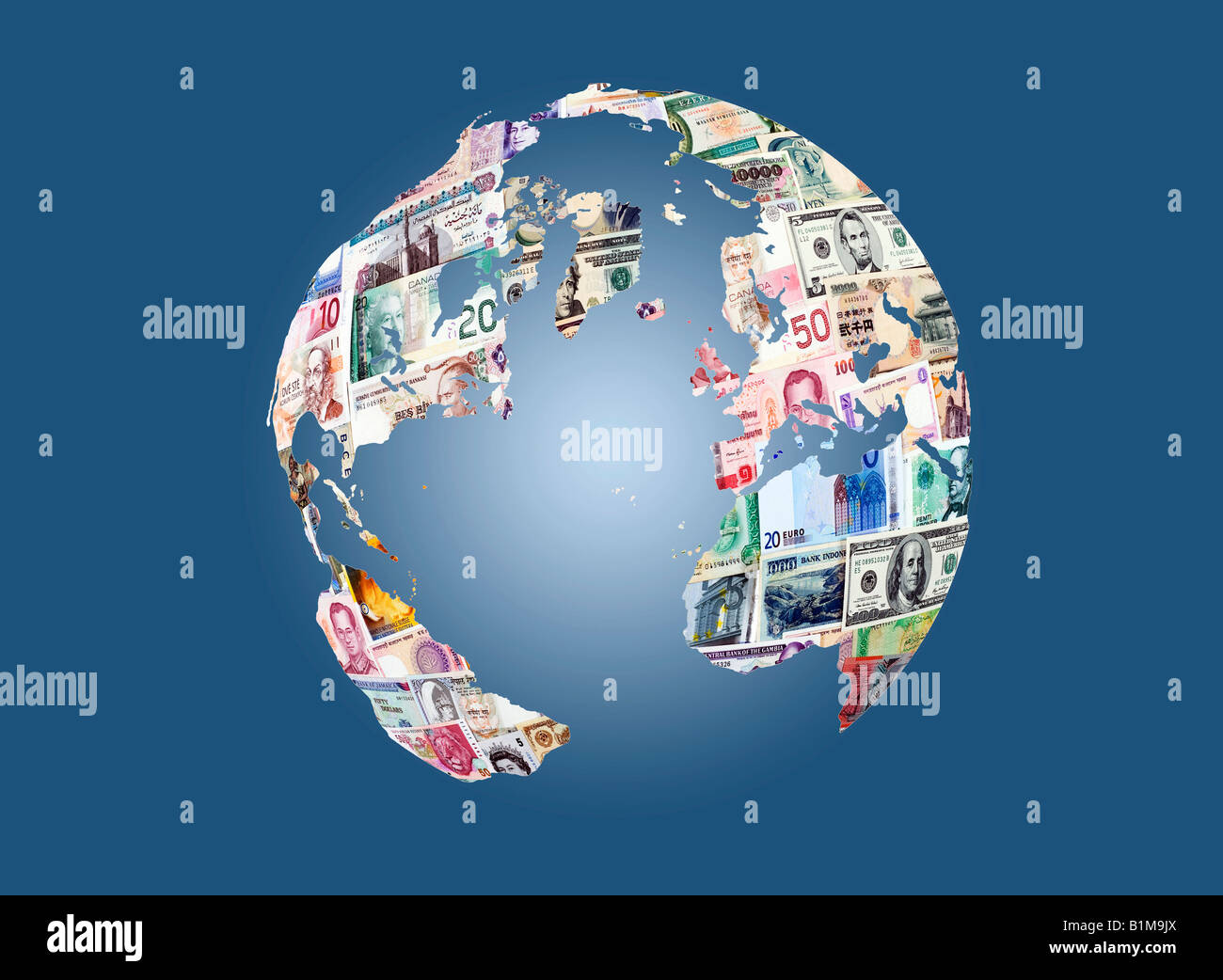 Montage of international currency on map of the world Stock Photo - Alamy
