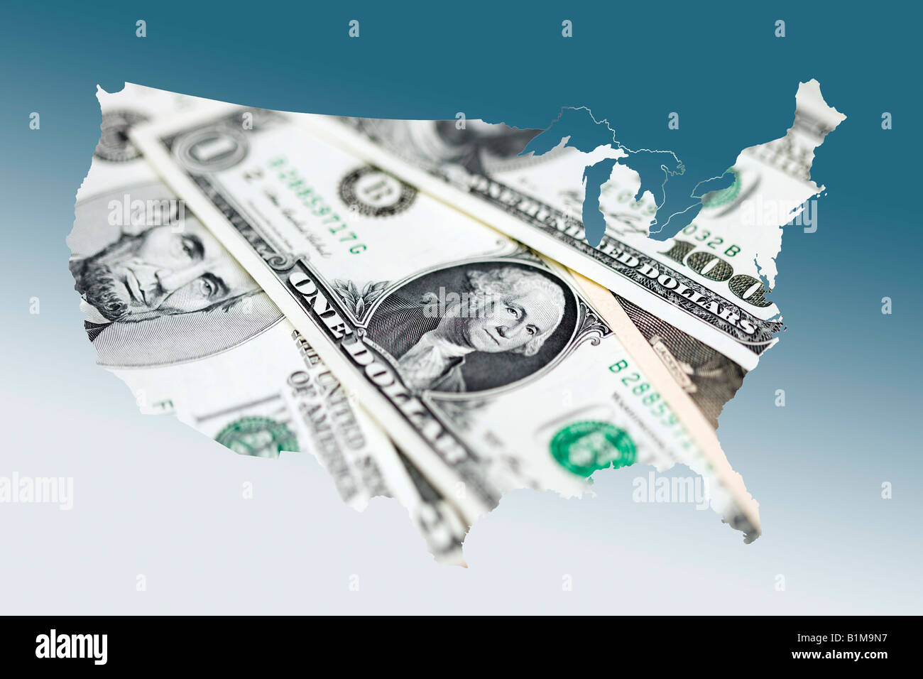 Montage of American currency on map of continental US Stock Photo - Alamy