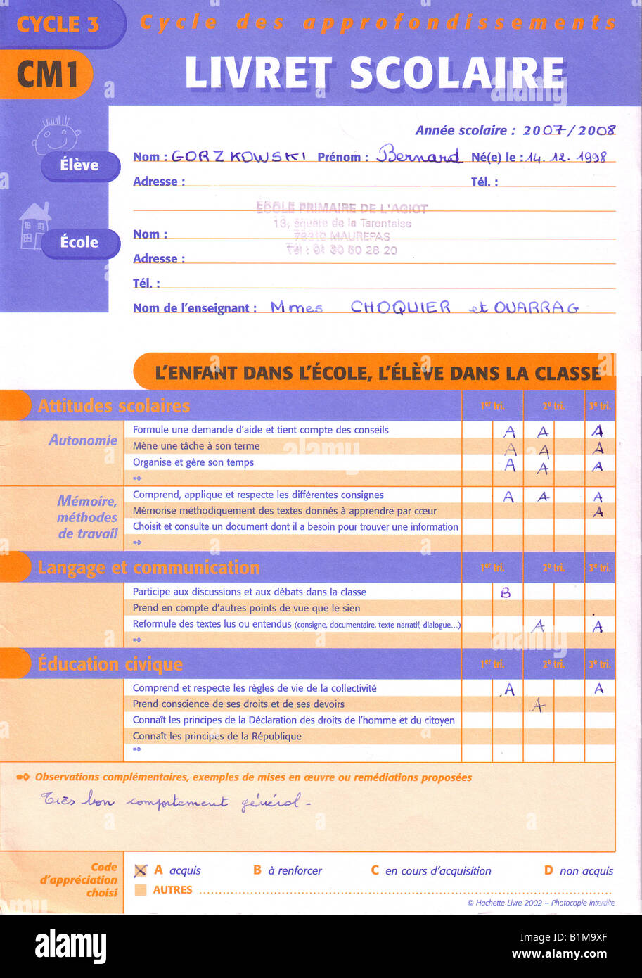 French Primary School Livret Scolaire Front page Stock Photo - Alamy