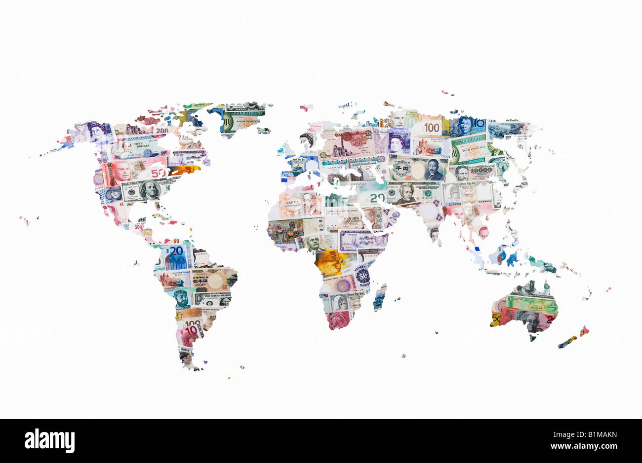 Montage of international currency on map of the world Stock Photo - Alamy