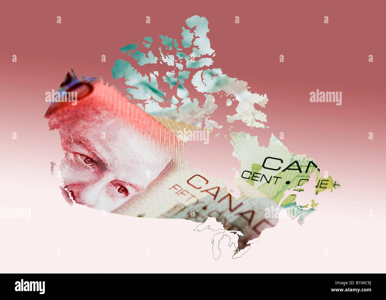 Montage of Canadian currency on map of Canada Stock Photo - Alamy