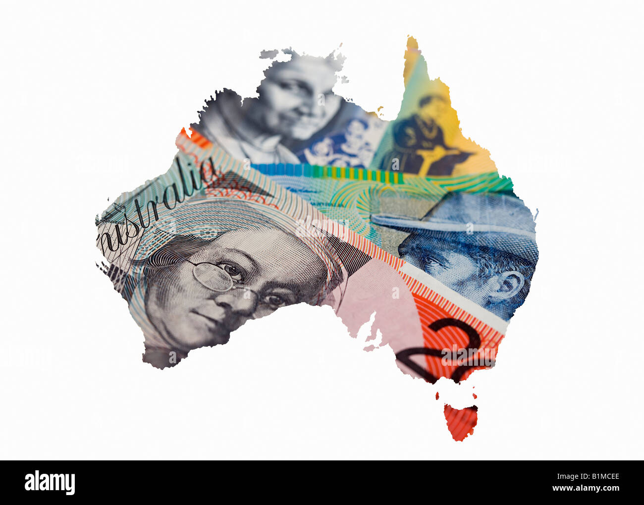 Montage australian currency on map Cut Out Stock Images & Pictures - Alamy
