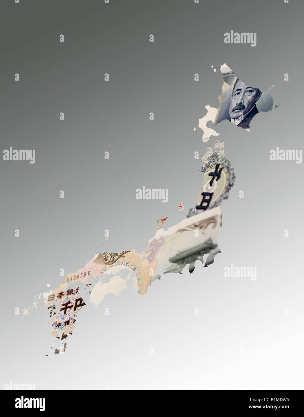 Montage of Japanese currency on map of Japan Stock Photo - Alamy