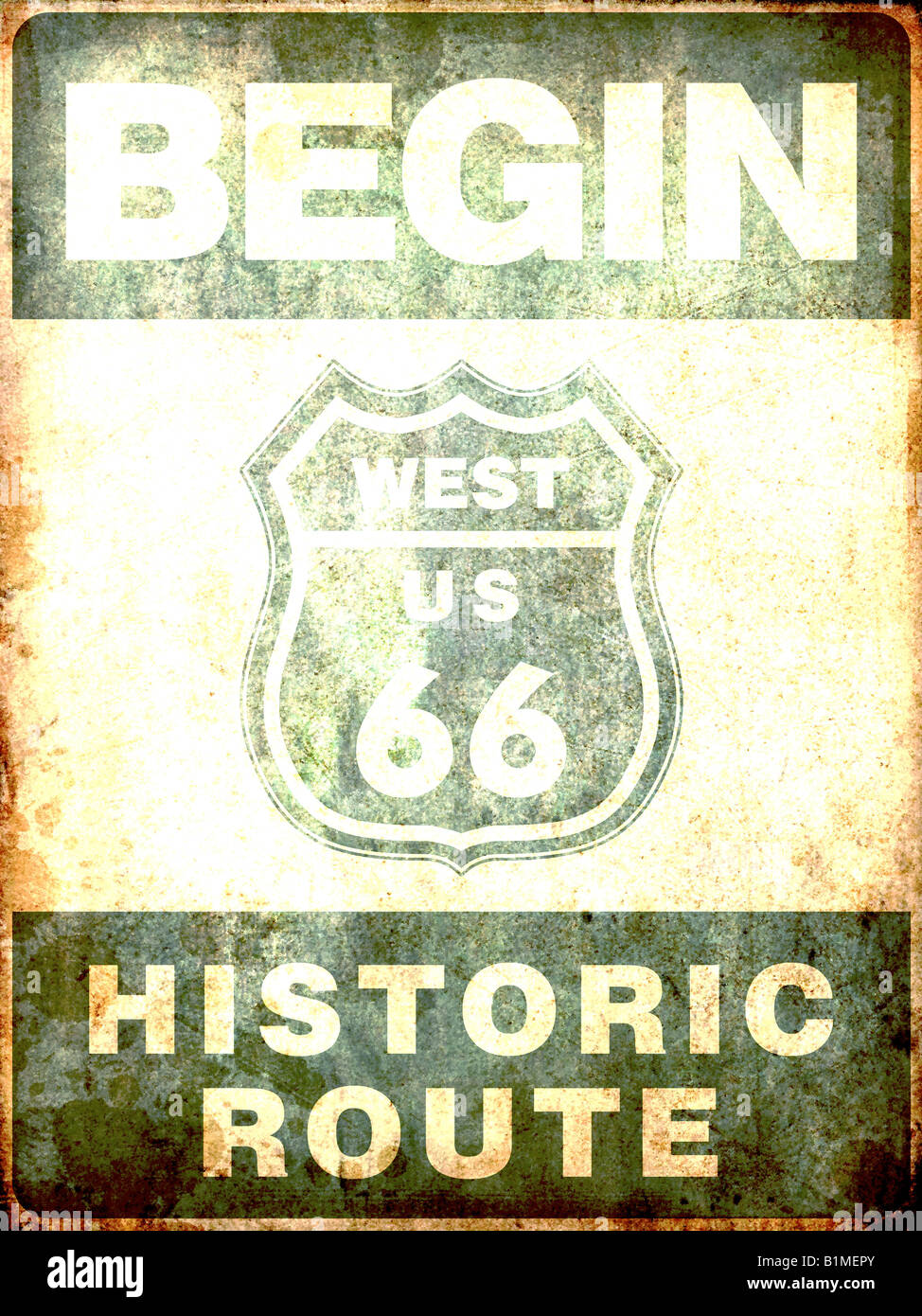 Begin Historic Route sign- old fashioned, rusty, grunge background ...