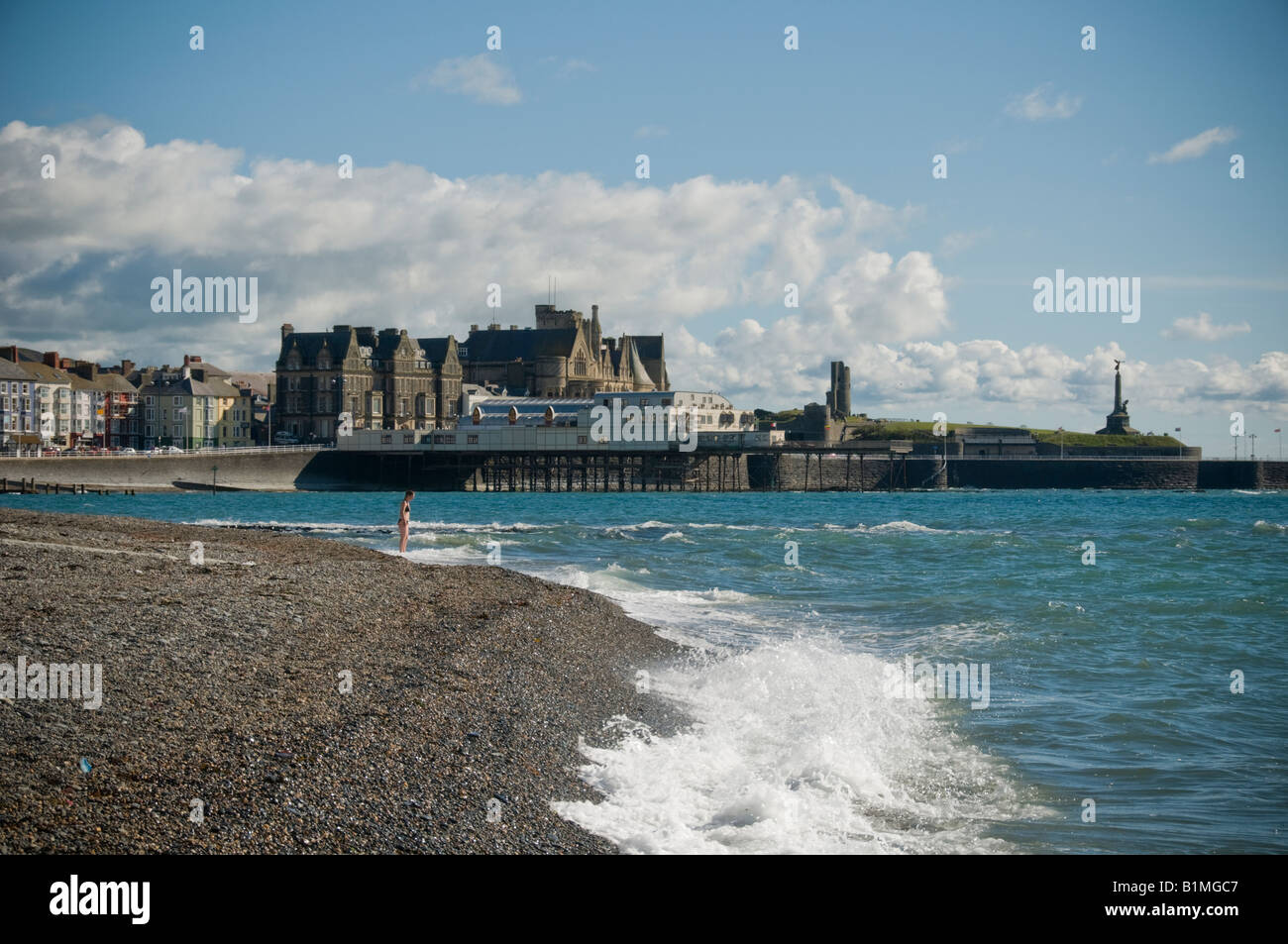 Aberystwyth seaside and beach with castle pier and Old College ...