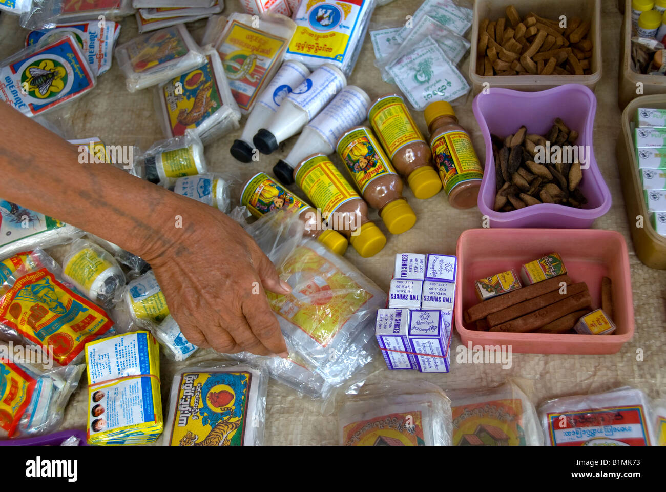 Table with traditional tribal medicines in north Thailand Stock Photo ...