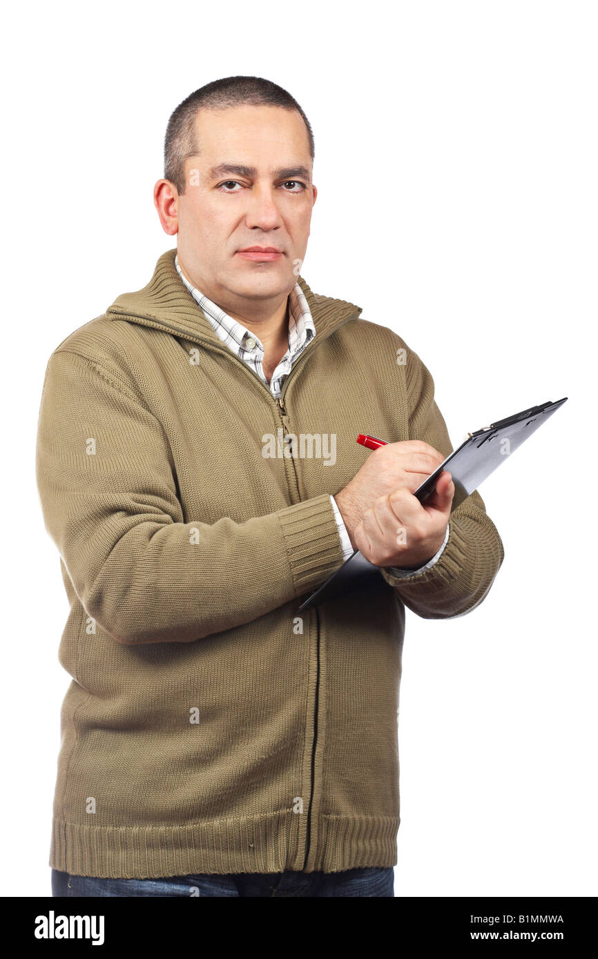 Serious casual man writing isolated on white background Stock Photo - Alamy