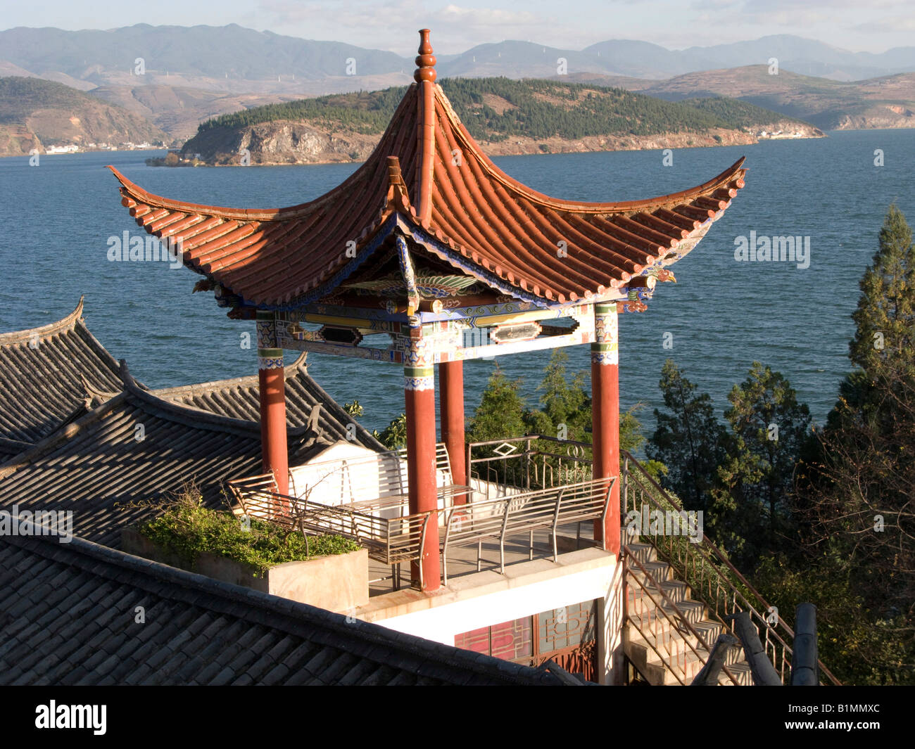 The gazebo at the temple building on the island surrounded by the Erhai ...