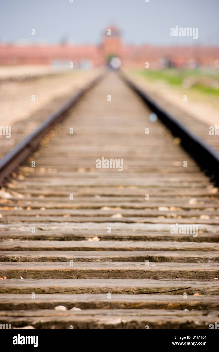 Train track at Auschwitz/Birkenau leading to the gatehouse Stock Photo ...