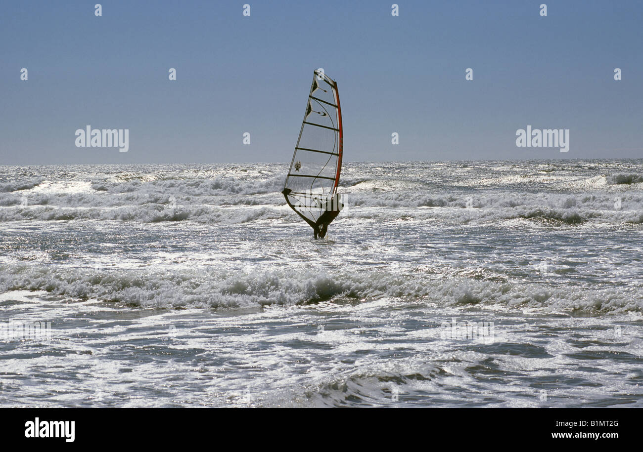 A windsurfer or board surfer rides the waves of a rough Pacific Ocean ...