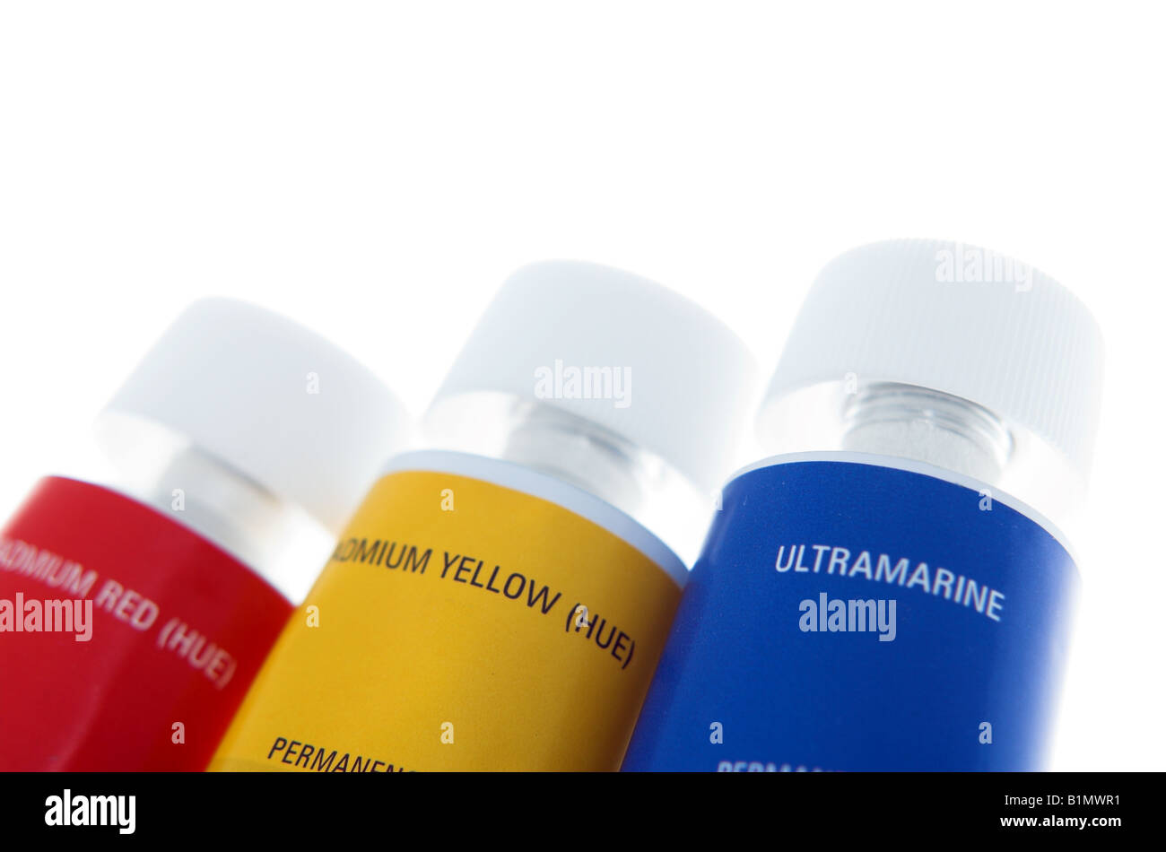 trio of tube of red yellow and blue paints Stock Photo - Alamy
