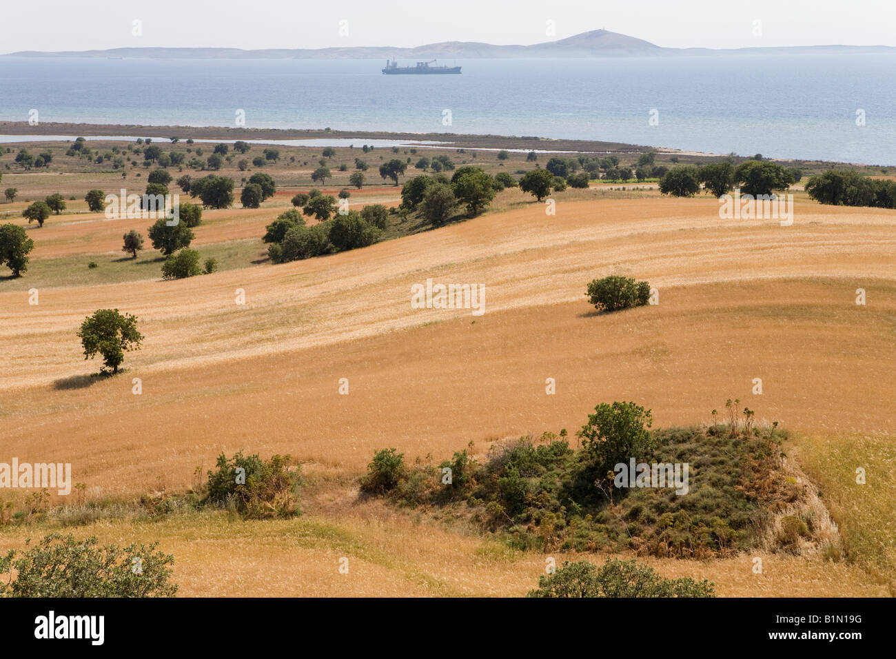 Panorama to the 'Greek Camp' and beach and Island of Tenedos near Troy ...