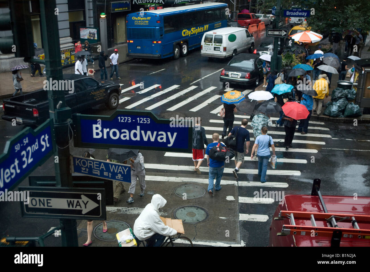 A rainy day in New York City at Broadway and 32nd Street Stock Photo ...