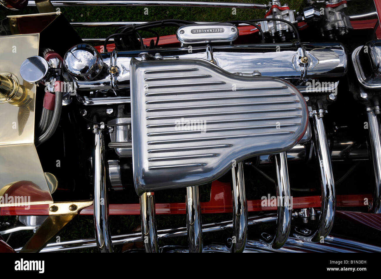 close view of an Offenhauser engine fitted to a customised model T Ford ...