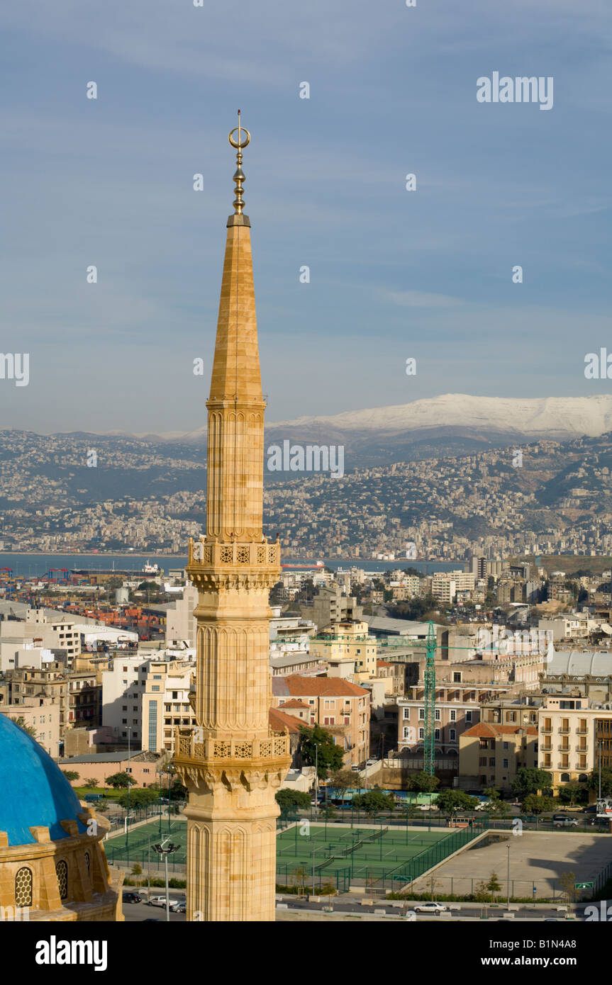 Beirut port and Mount Lebanon with a minaret of the Al Amine mosque ...
