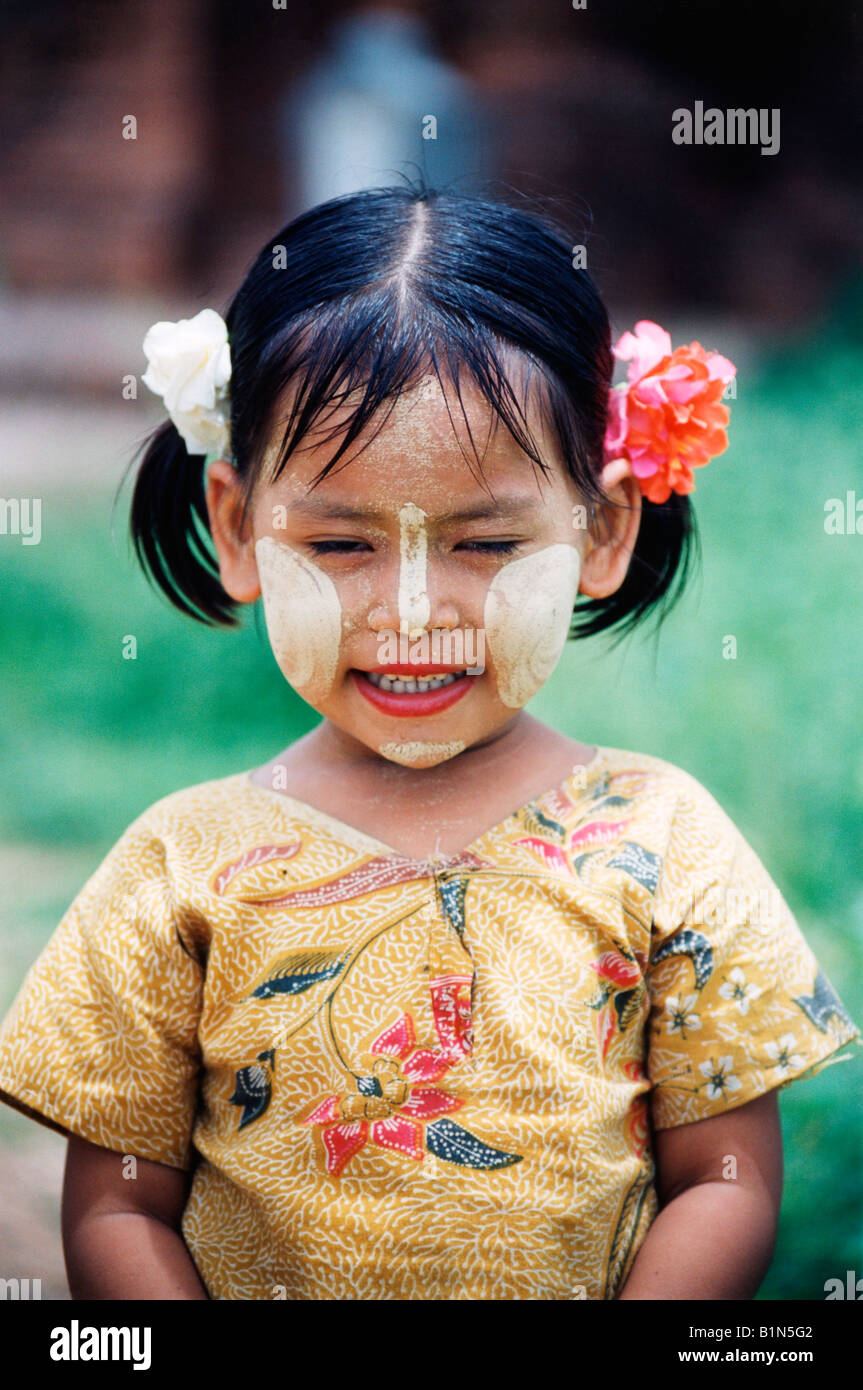 Myanmar Burma Bagan Young Girl Smiling With Traditional Face Markings ...